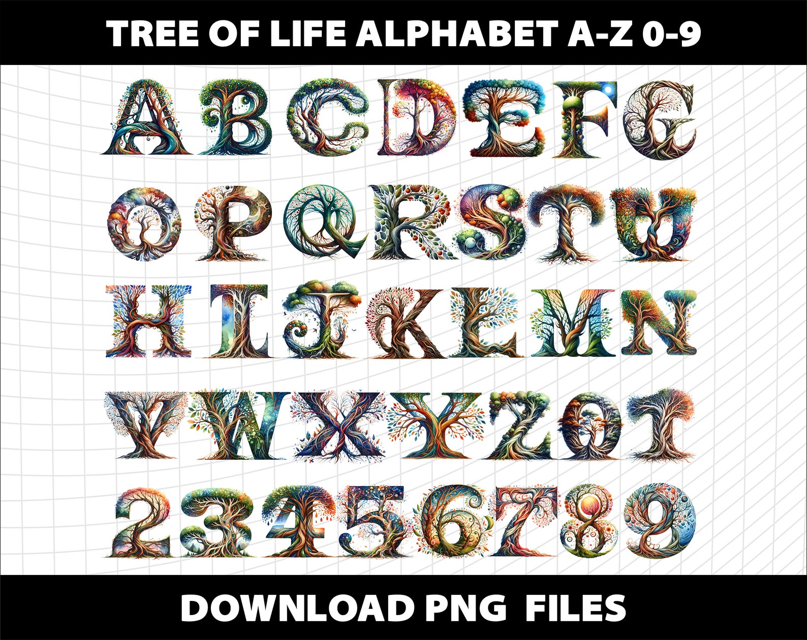 Tree of Life Letters Alphabet Cliparts Watercolor Sublimation PNG ...