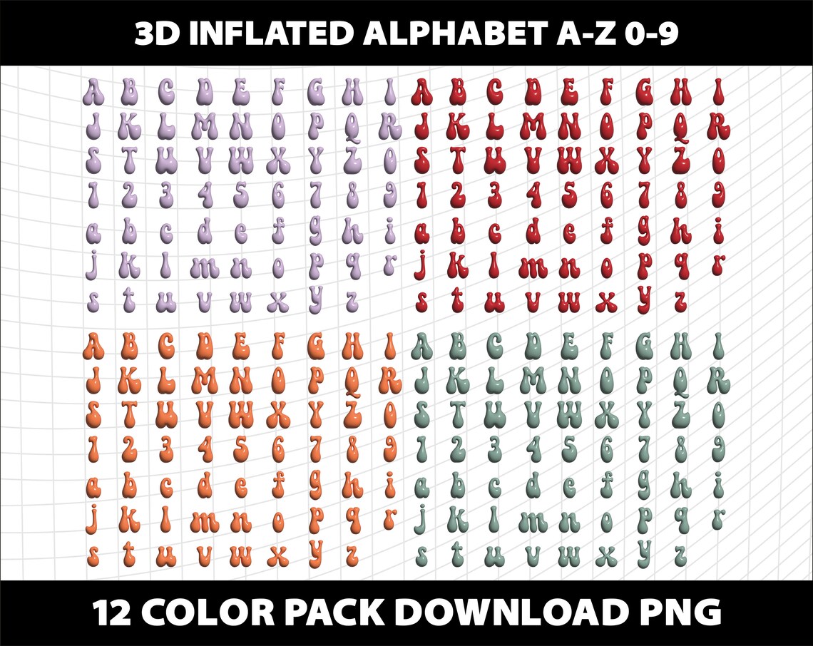 3d Inflated Puffy Retro Letters Alphabet Numbers 12 Pack Bundle Design ...