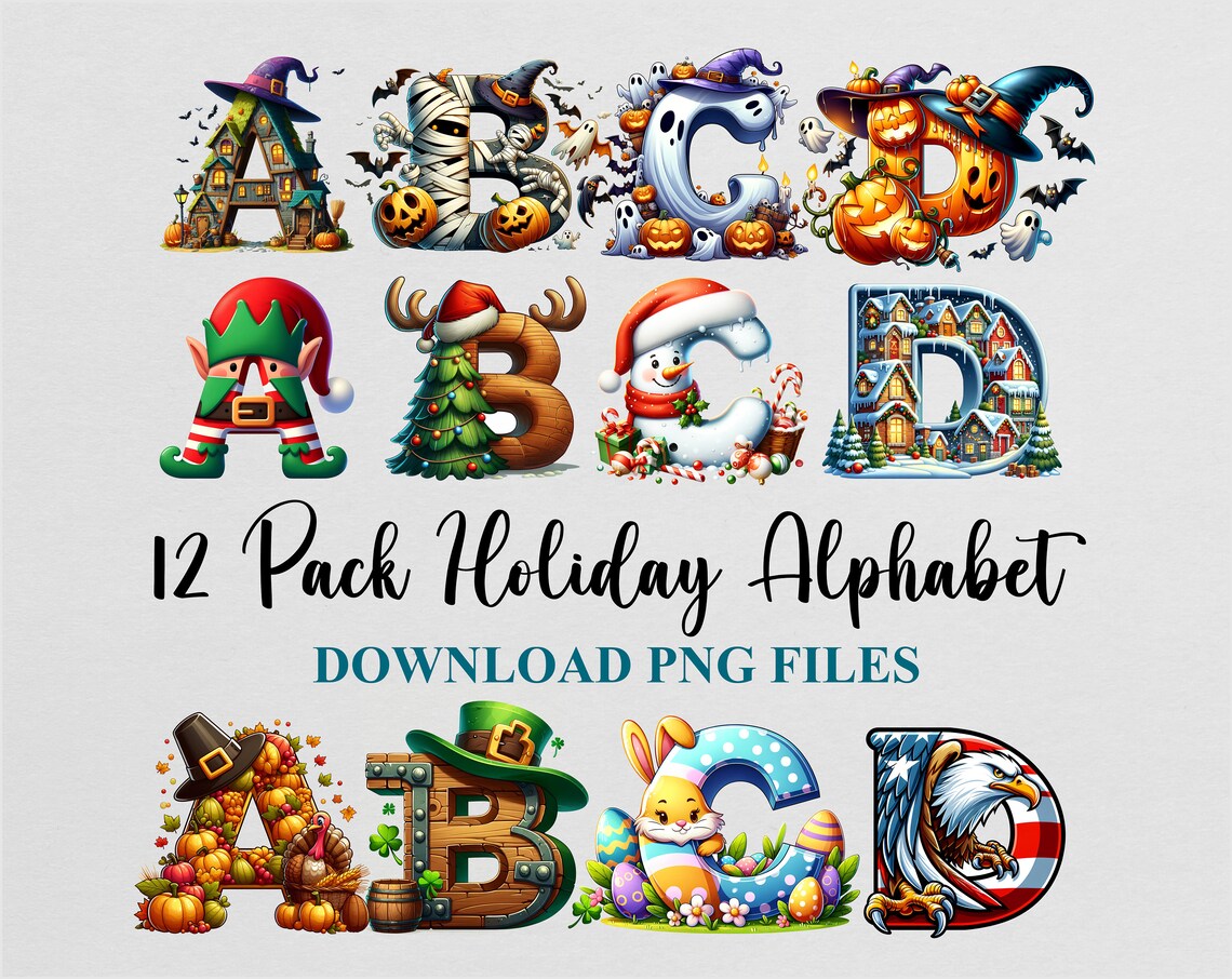 Halloween Christmas Thanks Giving Day Alphabet Letters Holiday Festive ...