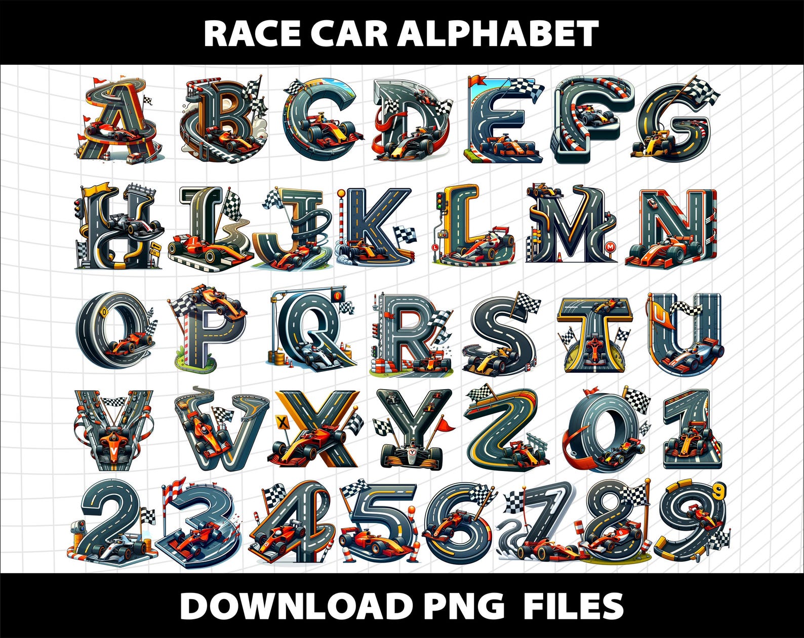 F1 Race Car Road Alphabet Letters Watercolor Cliparts Birthday Party ...
