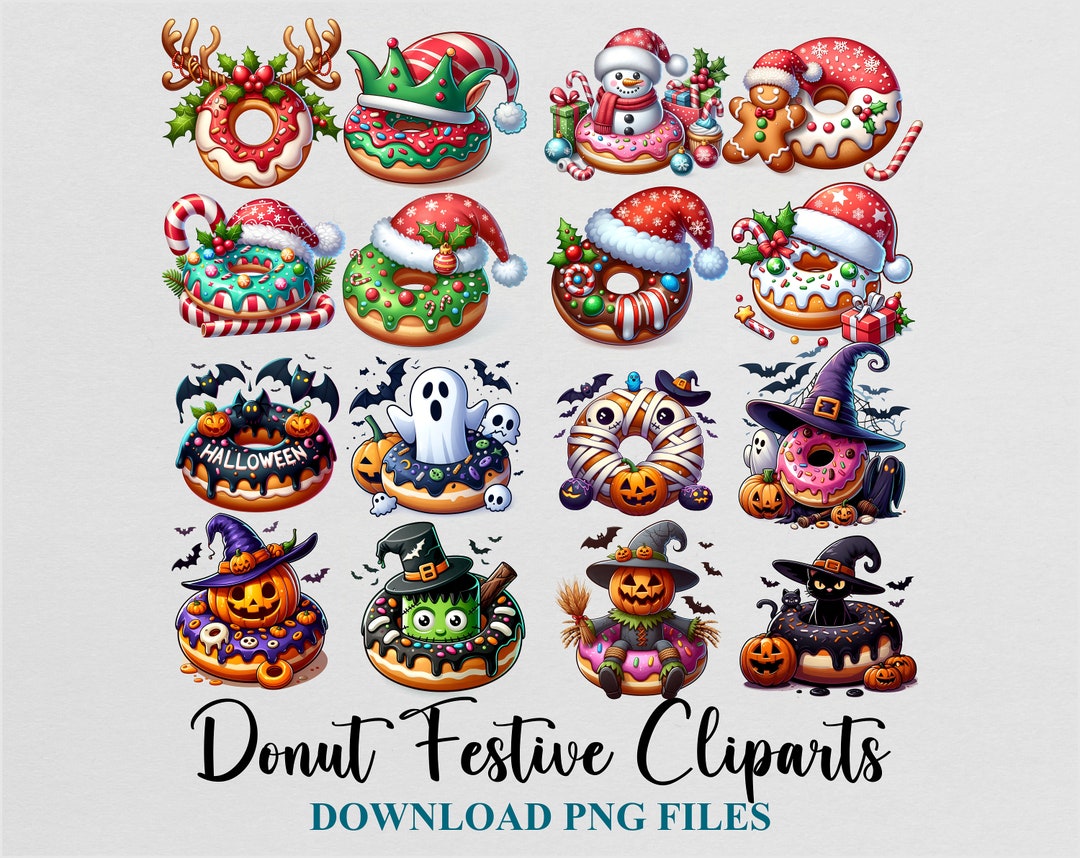Halloween Christmas Watercolor Clipart Donut PNG Bundle Festive ...