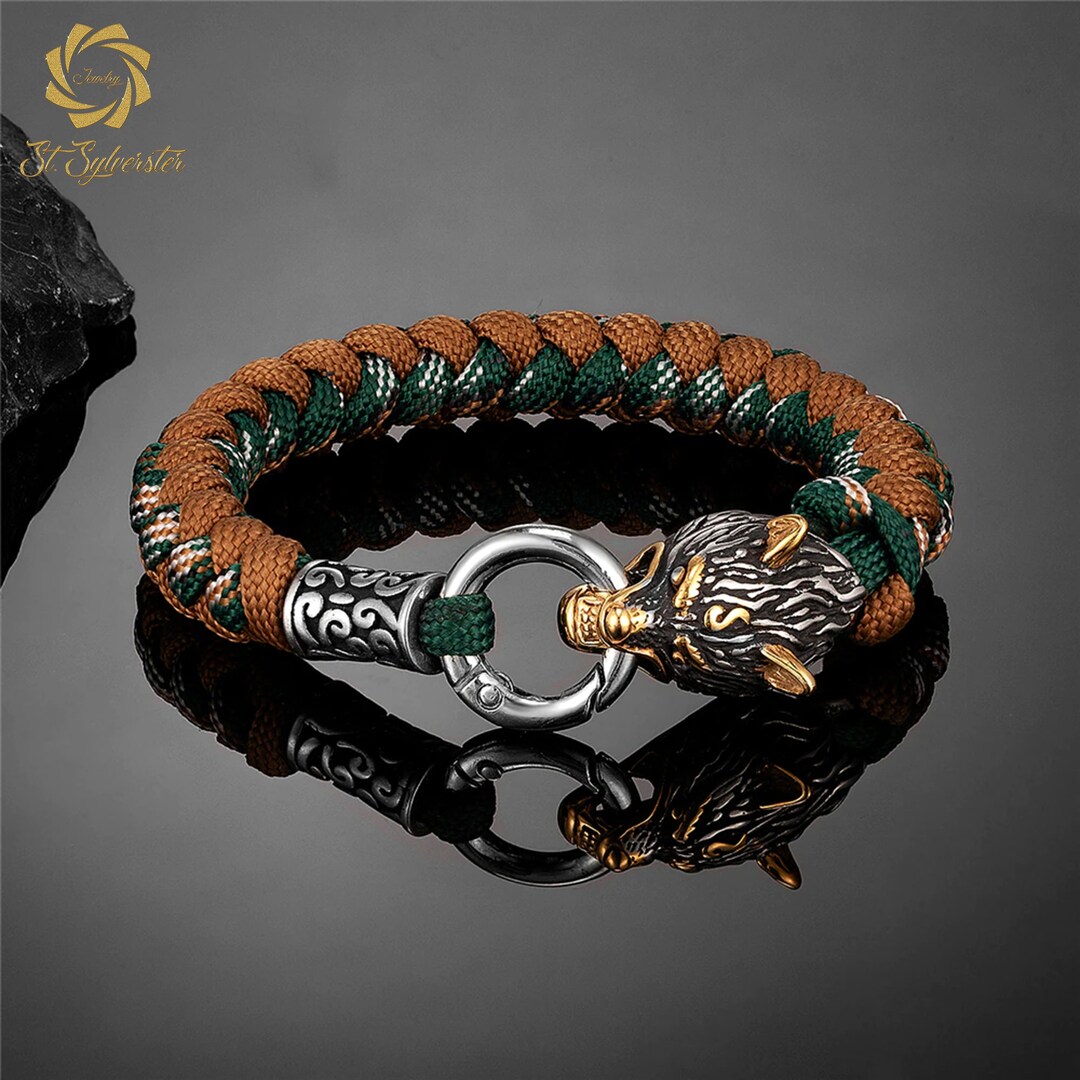 Stainless Steel Retro Norse Odin's Wolf Head Survival Bracelets Men ...