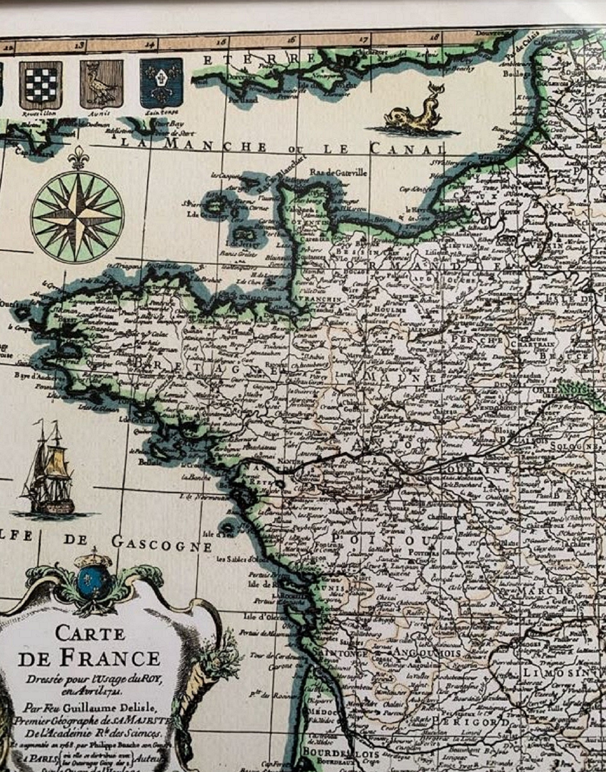 Map of the Kingdom of France, Old, Vintage, 18th Century, Louis XV ...