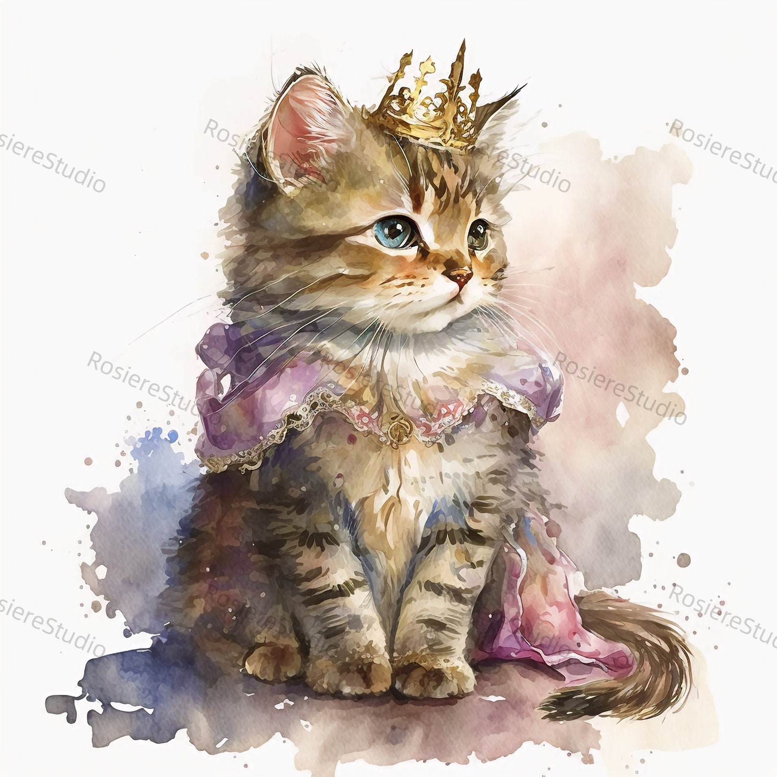 Queen Kitten Watercolor Clipart, Cat Gift, Pet Art, Cat Portrait, Wall ...