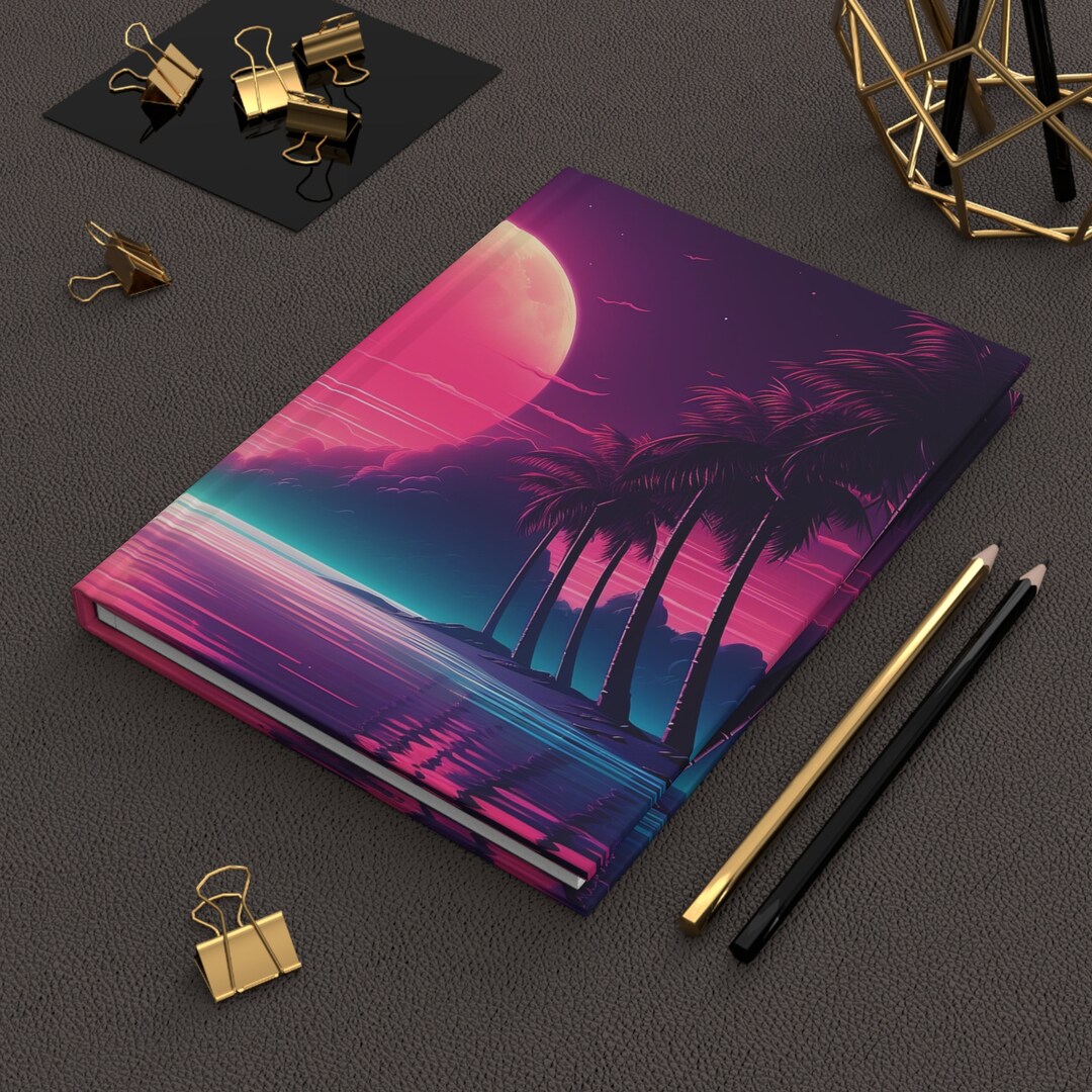 Retro Style Hardcover Journal, Retrowave Palm Trees Diary, Neon Art ...