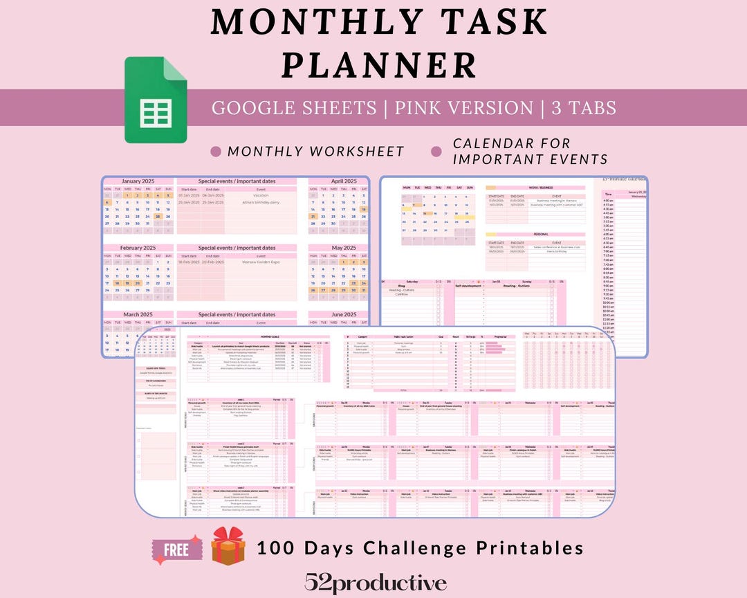 Pink Monthly Task Planner, Google Sheets Template (digital Download) - Etsy