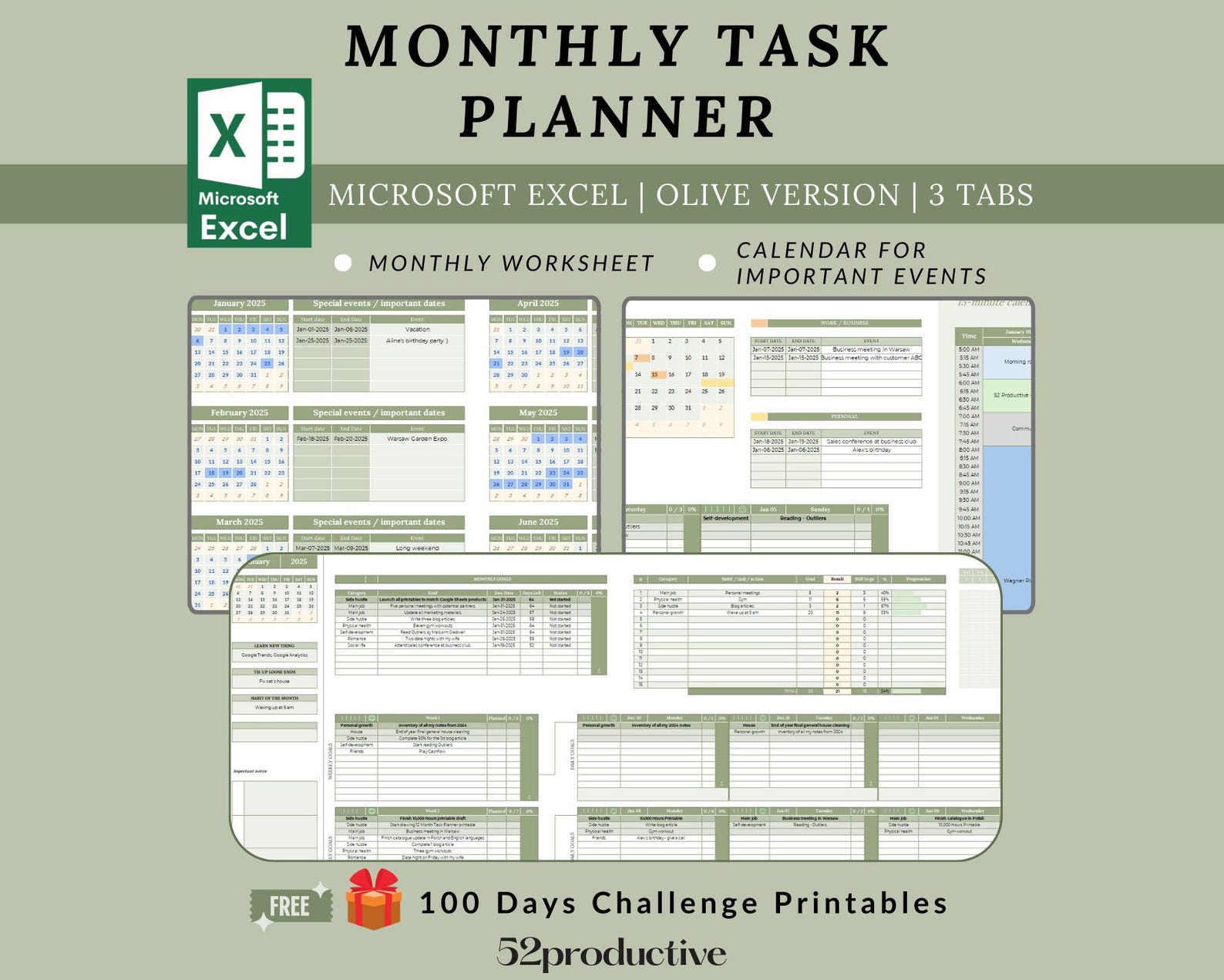Monthly Planner MS Excel Template Olive; Monthly, Weekly and Daily Task ...