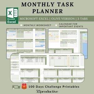 Monthly Planner MS Excel Template Olive; Monthly, Weekly and Daily Task ...