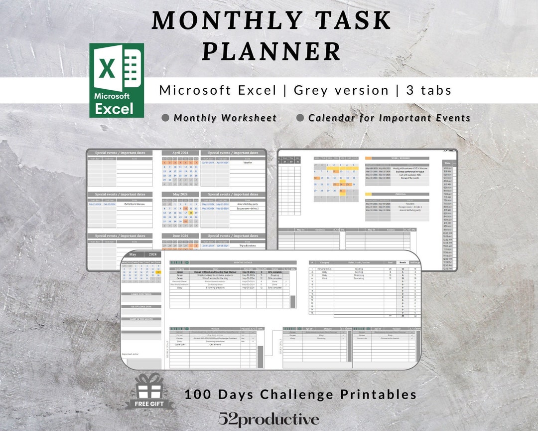 Monthly Planner MS Excel Template Grey Monthly, Weekly and Daily Task ...