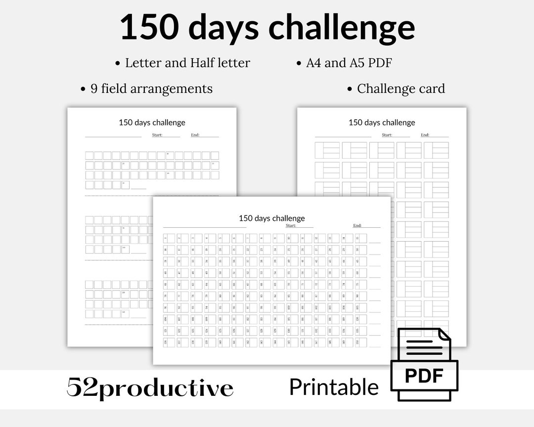 150 Days Challenge Tracker Printables, Habit Forming, Habit Tracker Template, Goal Planner, Goal ...