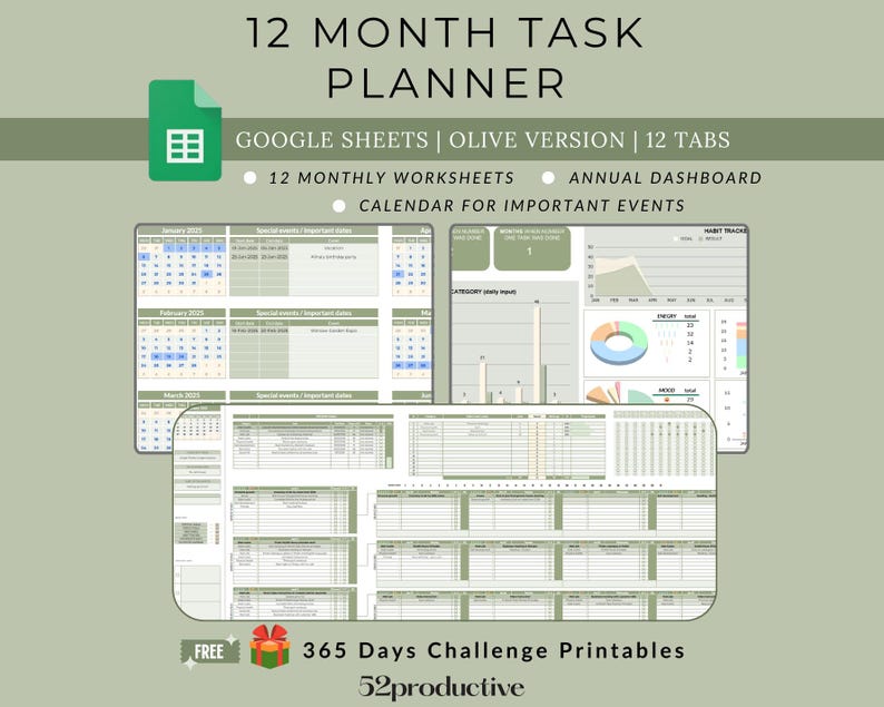 12 Month Task Planner Olive, Google Sheets Annual Planner, Habit ...