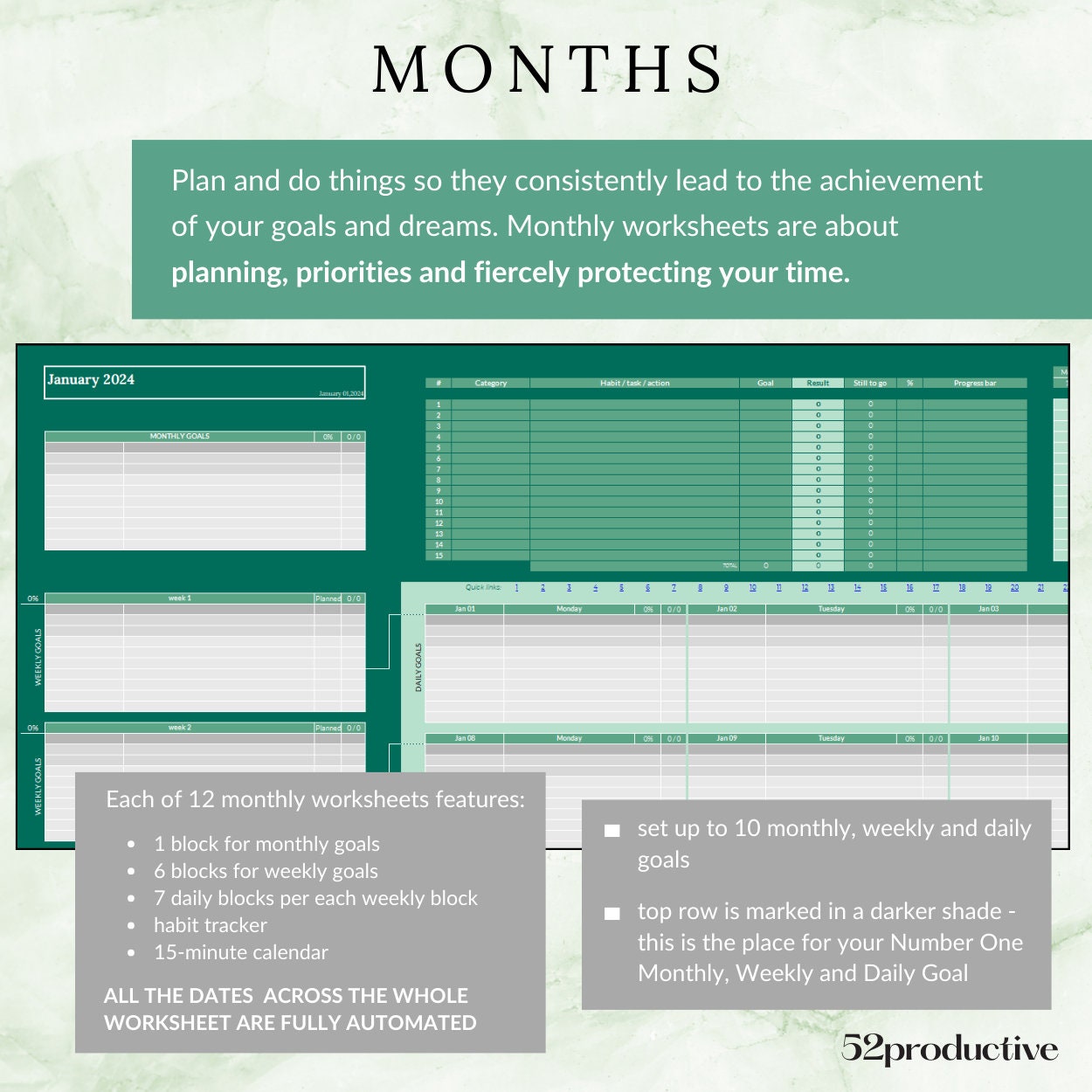 Productivity Tracker MS Excel Template Green Monthly, Weekly, Daily ...