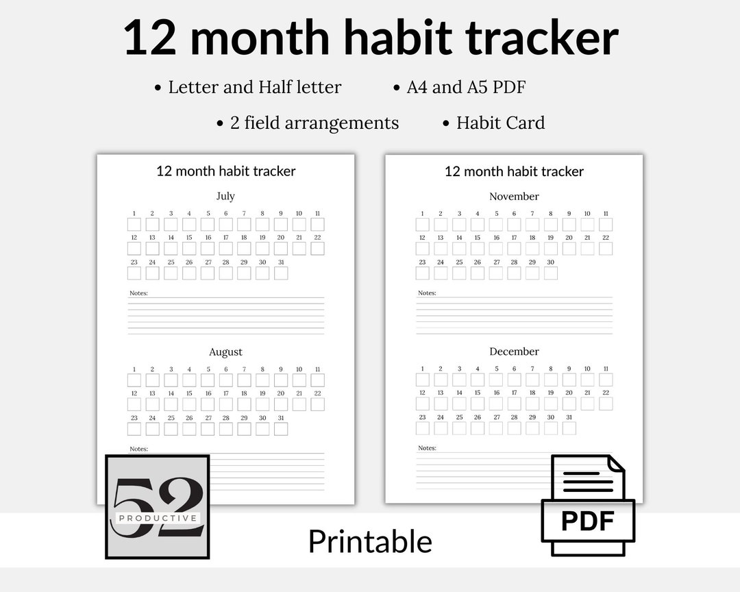12 Month Habit Tracker, Habit Tracker Printable, Habit Tracker Template ...