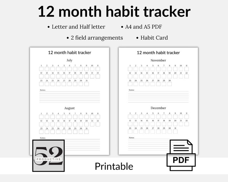 12 Month Habit Tracker, Habit Tracker Printable, Habit Tracker Template ...