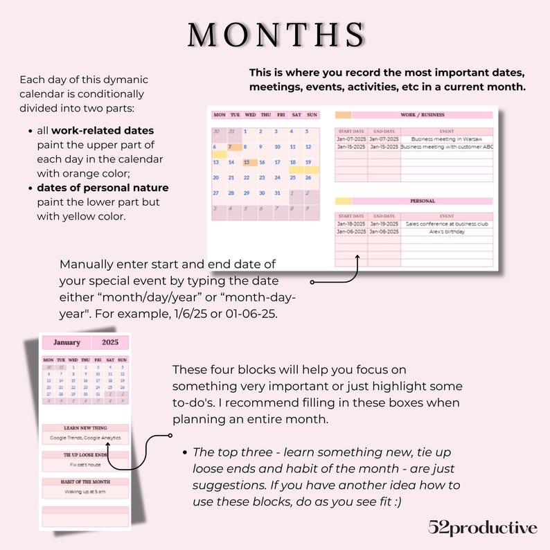 12 Month Task Planner Pink, MS Excel Annual Planner, Habit Tracker ...