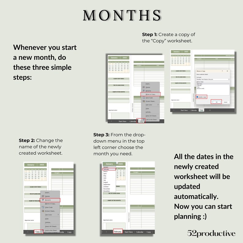 Monthly Planner MS Excel Template Olive; Monthly, Weekly and Daily Task ...