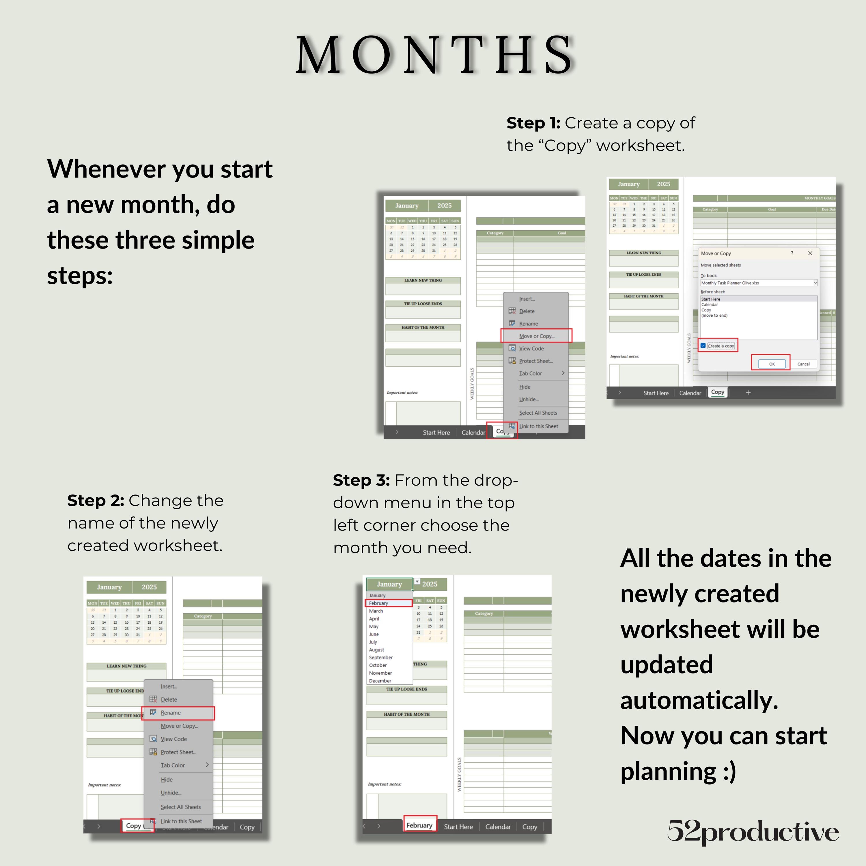 Olive Monthly Task Planner, MS Excel Template (digital Download) - Etsy