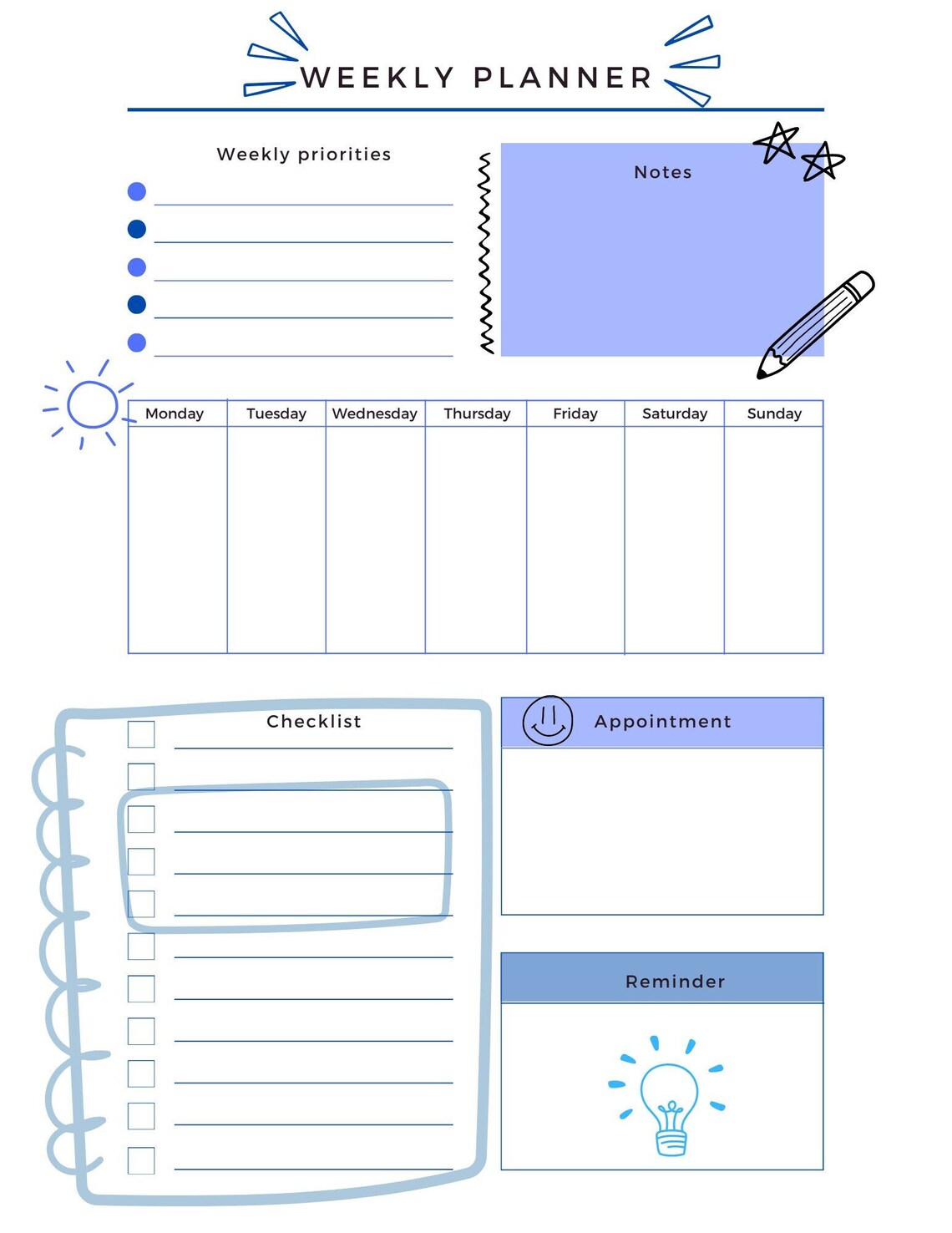 Blue Doodle Weekly Planner Printable, Instant Download, Minimal ...