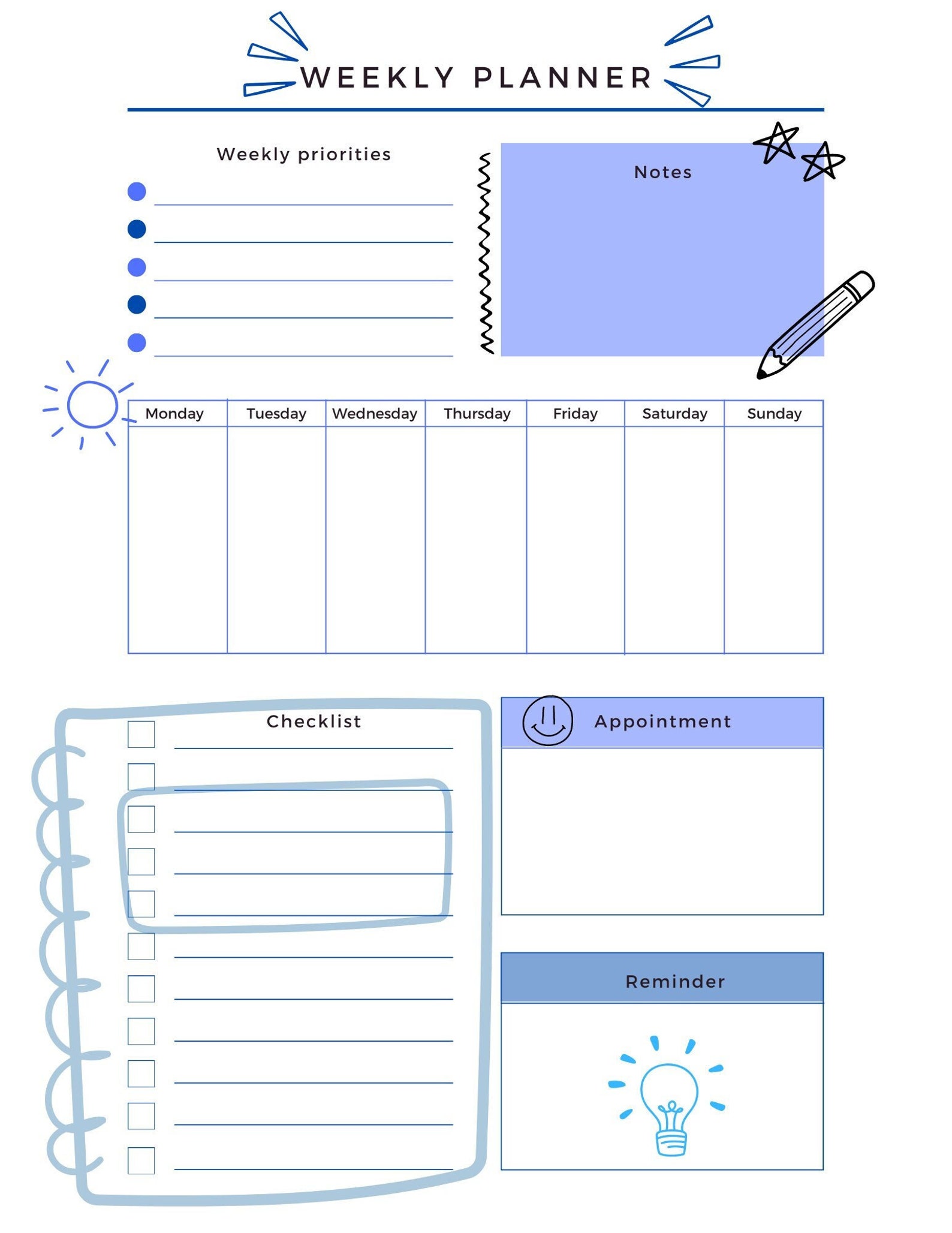 Blue Doodle Weekly Planner Printable, Instant Download, Minimal ...