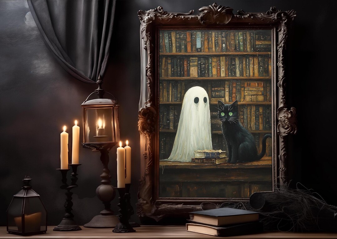 Ghost in a Library Print, Halloween Printable Wall Art, Ghost Book Wall ...