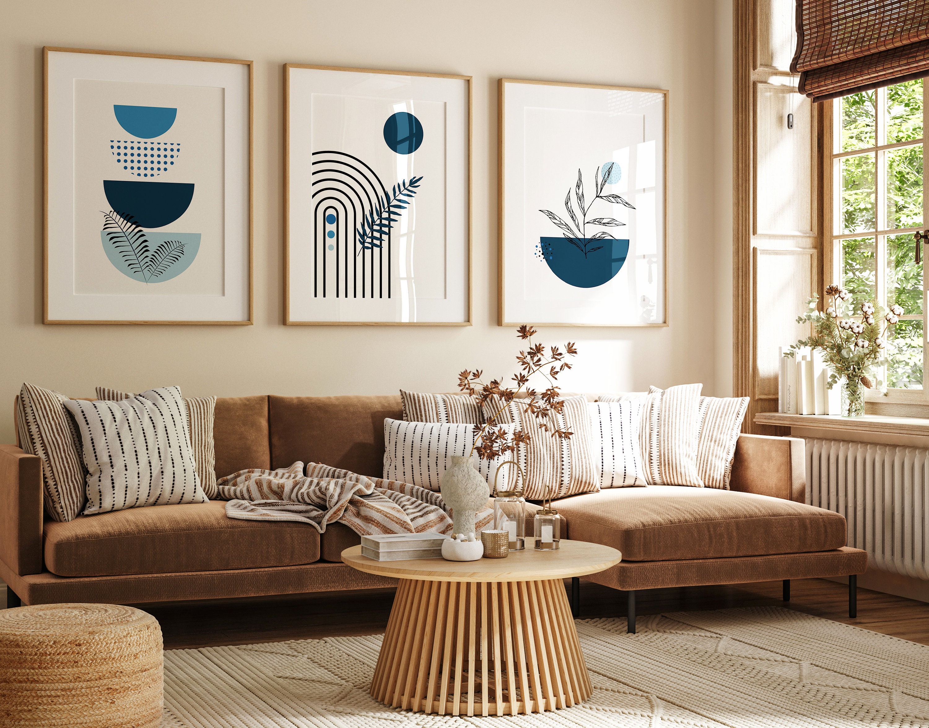 Set of 3 Boho Wall Art, Boho Navy Blue Wall Prints, Abstract Wall Print ...
