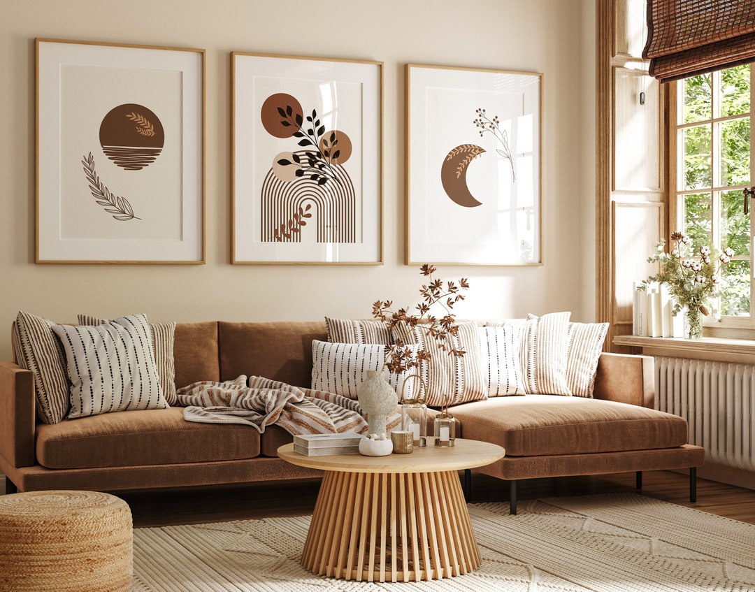 Boho Sun and Moon With Flower Set of 3 Wall Art Printable, Minimalist ...