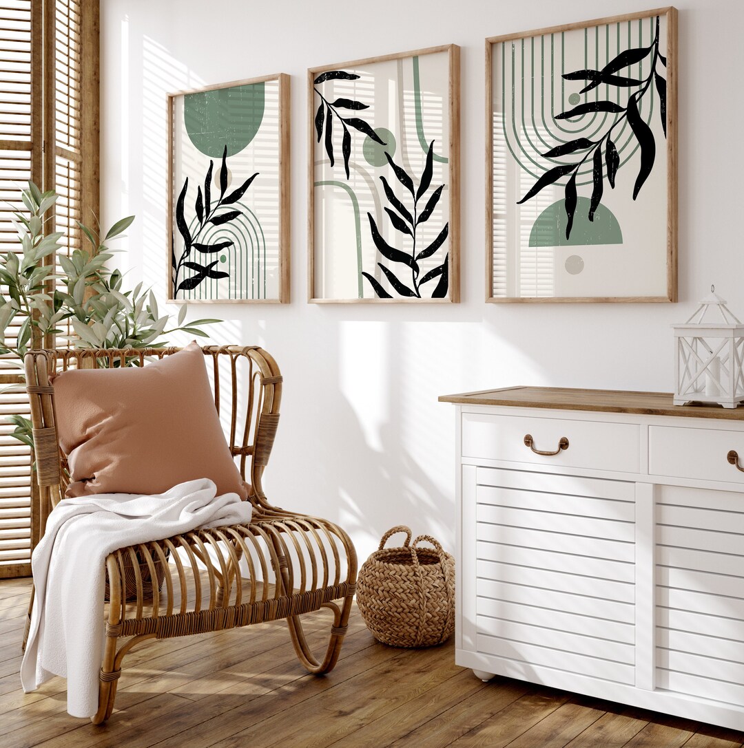 Boho Sage Green Wall Print Set of 3, Mid Century Wall Print, Green Wall ...