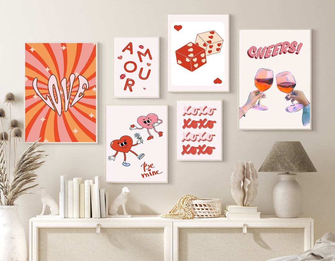 Trendy Retro Valentines Day Wall Print Set of 6, Pink and Red Wall Art ...