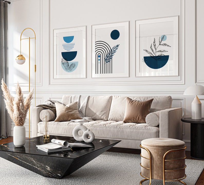 Set of 3 Boho Wall Art, Boho Navy Blue Wall Prints, Abstract Wall Print ...