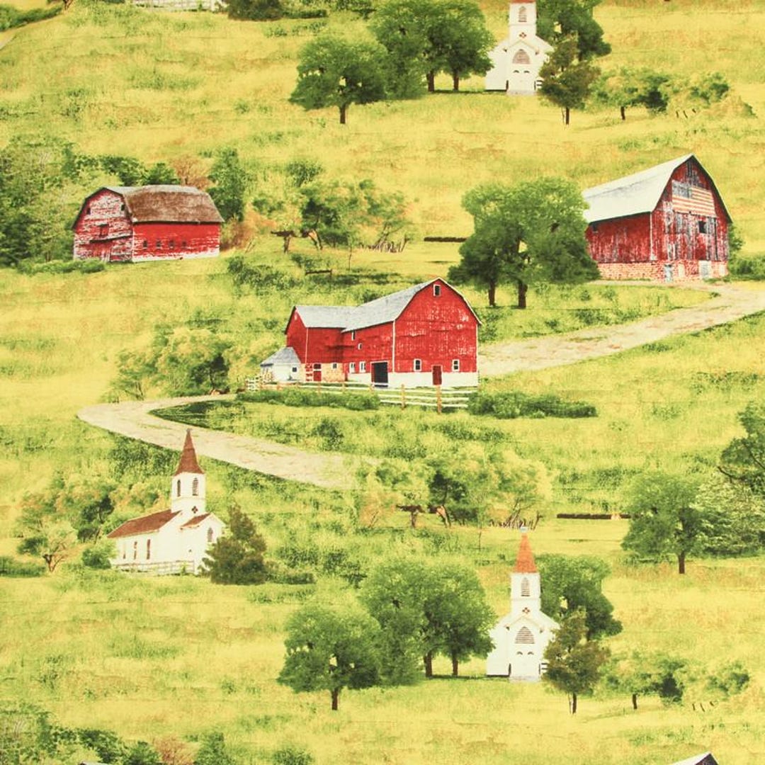 Vintage Farm Fabric Farmstead Fabric Red Barn Fabric Cartoon Cotton ...