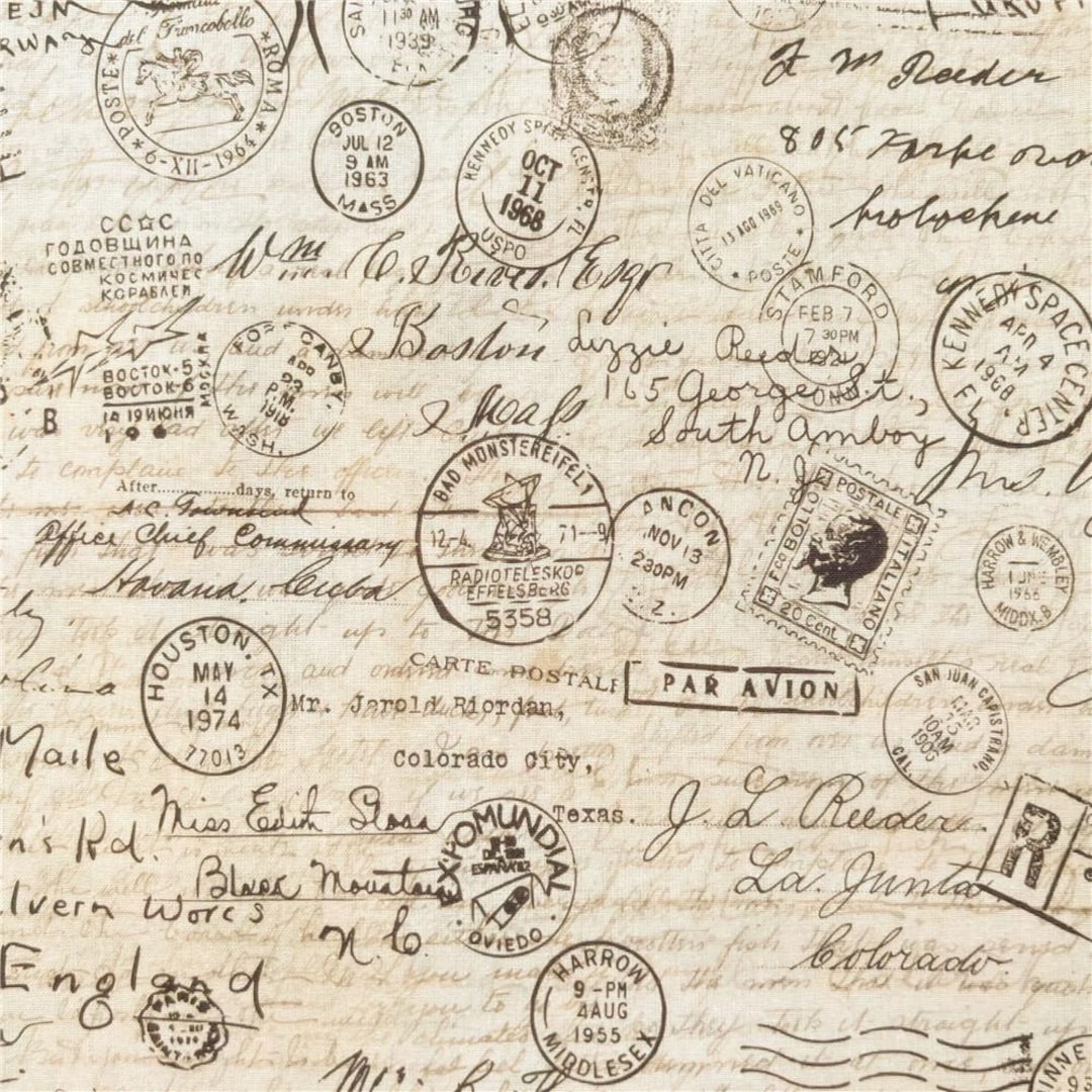 Vintage Postmark Fabric Antique Handwritten Letter Fabric Retro Postal ...