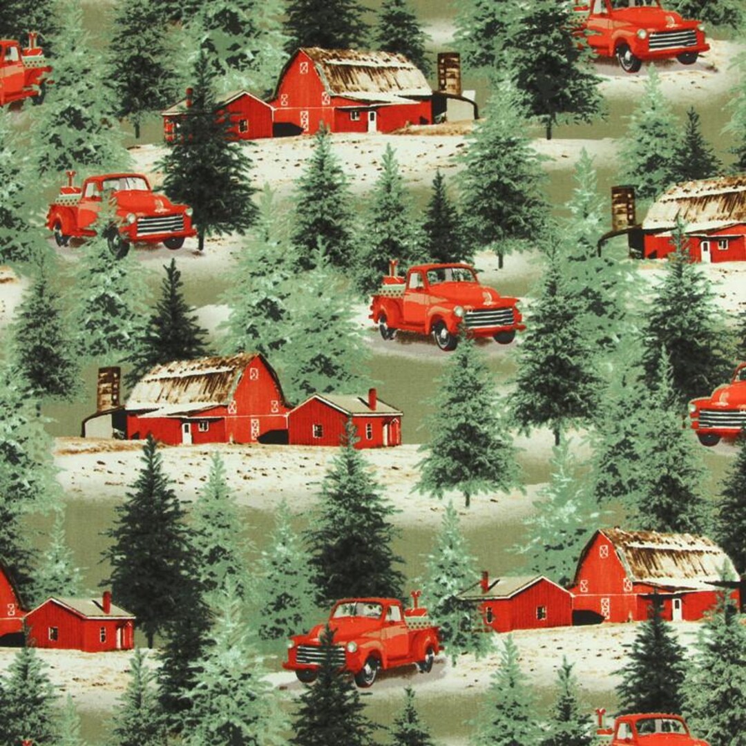 Red Trucks Fabric Vintage Farm Fabric Farmstead Fabric Red Barn Fabric ...