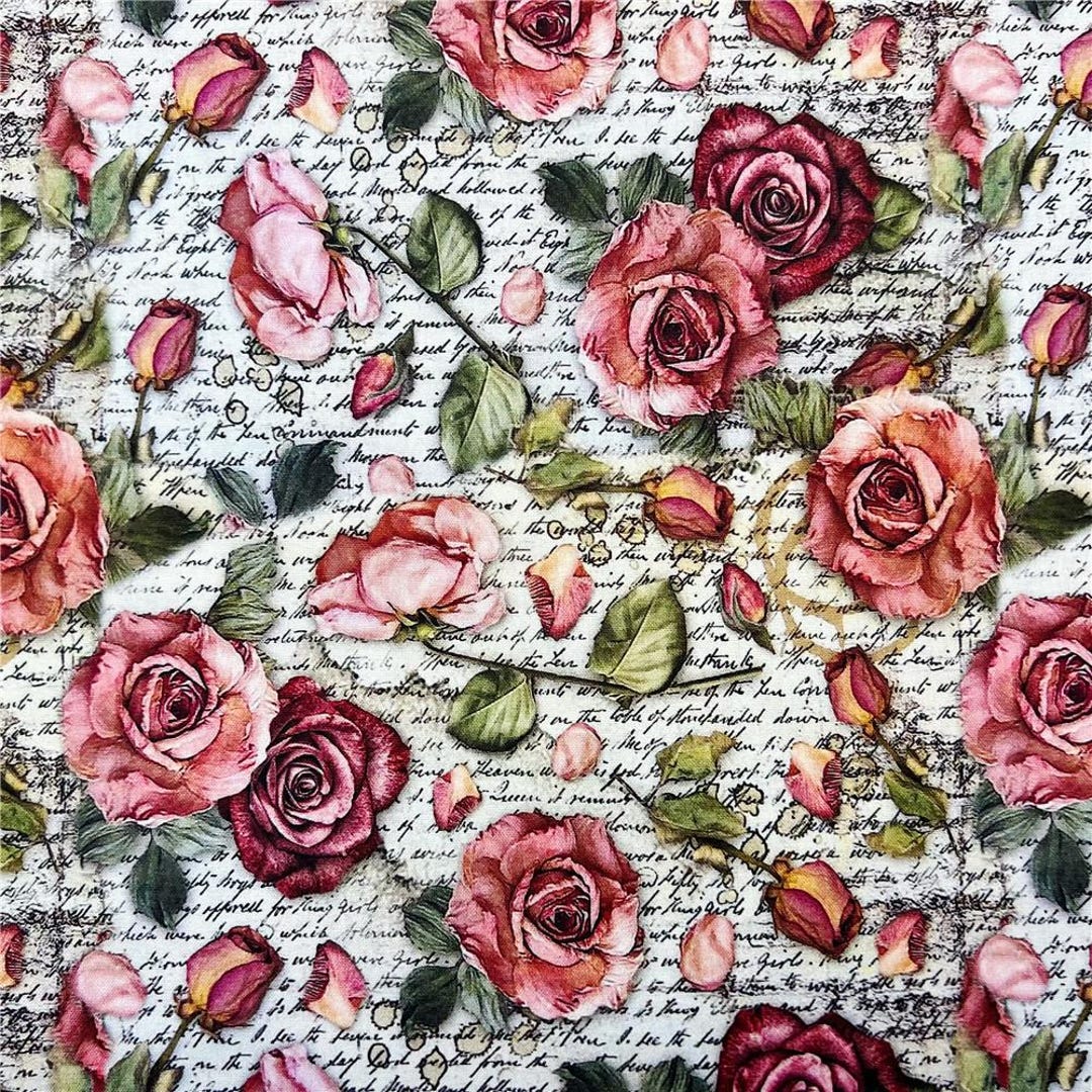 Vintage Romantic Rose Fabric Antique Handwriting Floral Fabric Retro ...