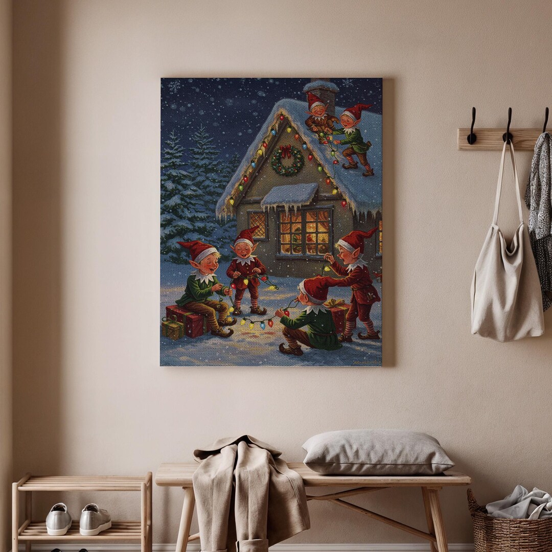 Christmas Elves Decorating Canvas Wall Art, Festive Holiday Gnome Print ...
