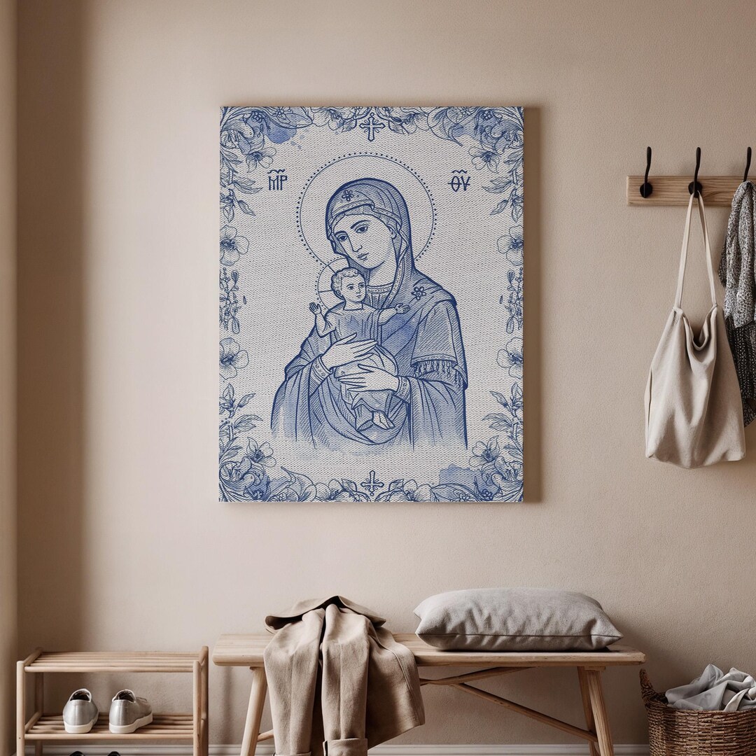 Virgin Mary Art Print, Religious Icon Wall Decor, Blue Sacred Art ...