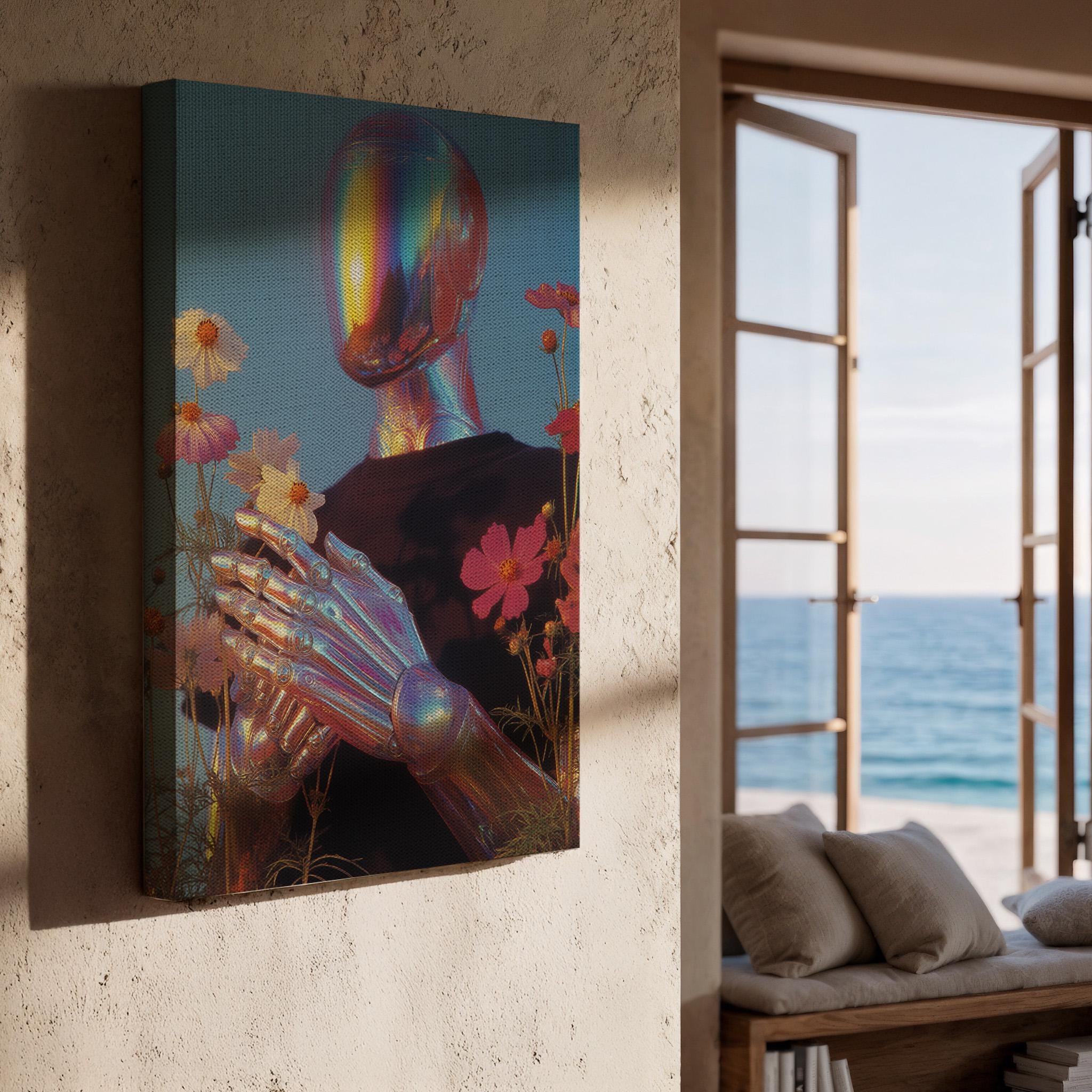 Futuristic Robot Canvas Wall Art, Chrome Mannequin With Flowers Canvas ...