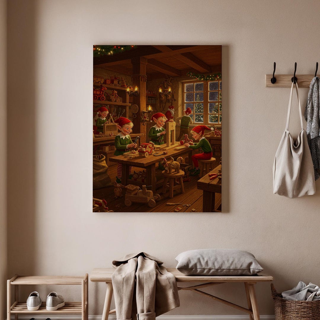 Christmas Elf Workshop Canvas Wall Art, Holiday Toy Makers Print ...