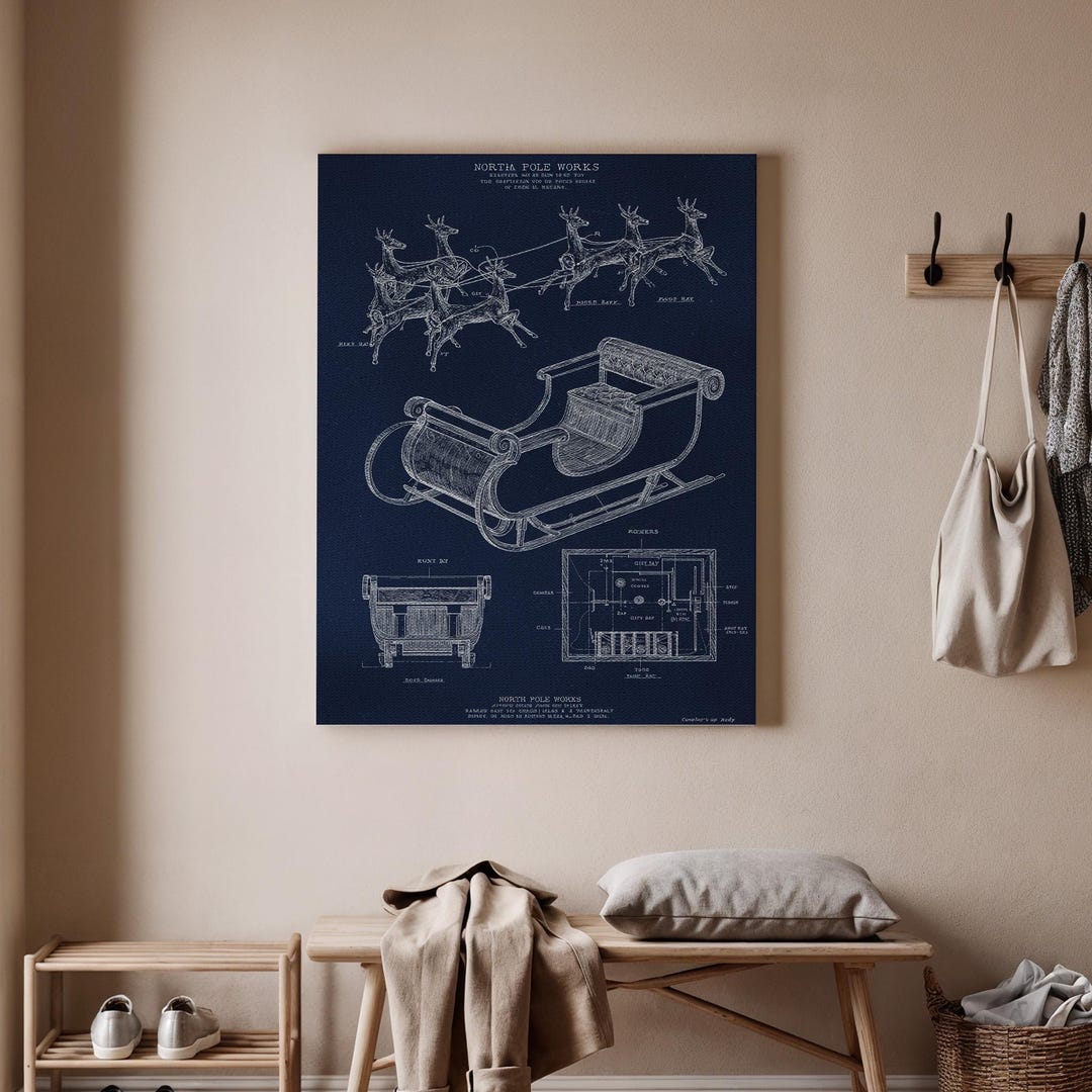 Santa Sleigh Blueprint Canvas Wall Art, Vintage Reindeer Sleigh Patent ...