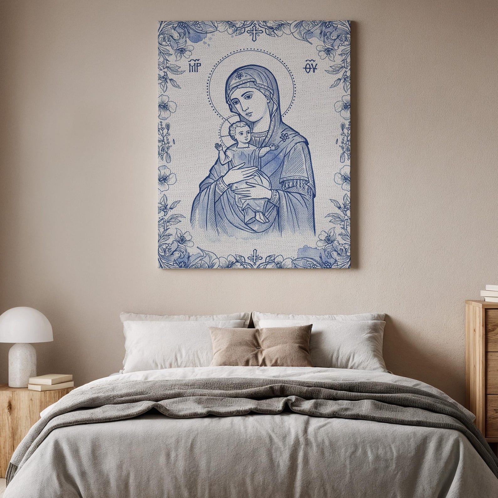 Virgin Mary Art Print, Religious Icon Wall Decor, Blue Sacred Art ...