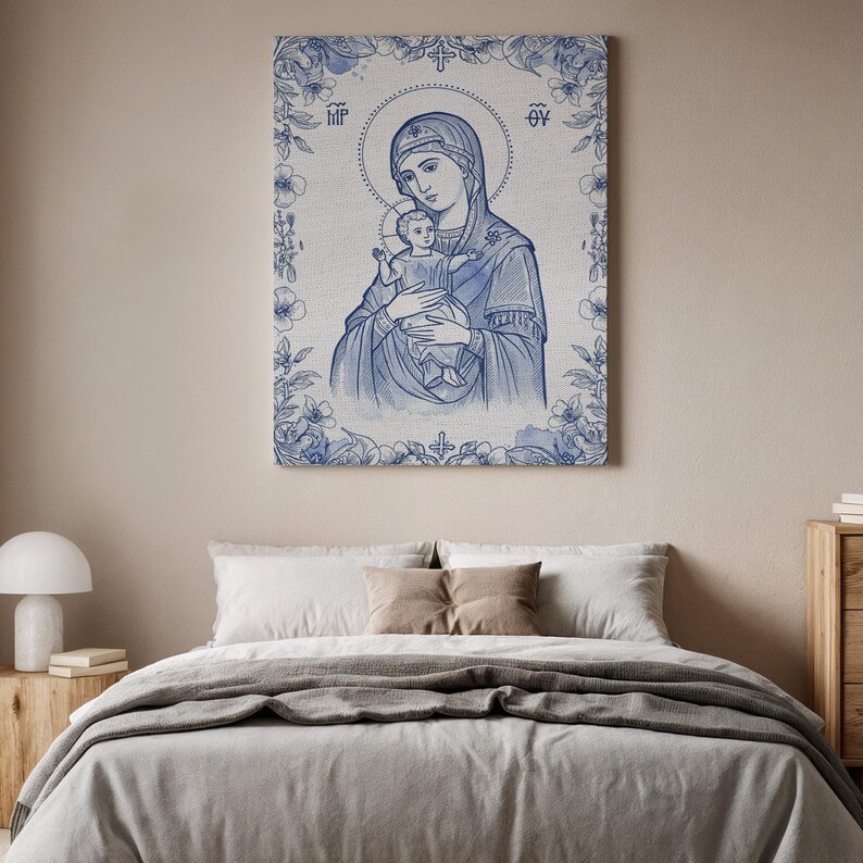 Virgin Mary Art Print, Religious Icon Wall Decor, Blue Sacred Art ...