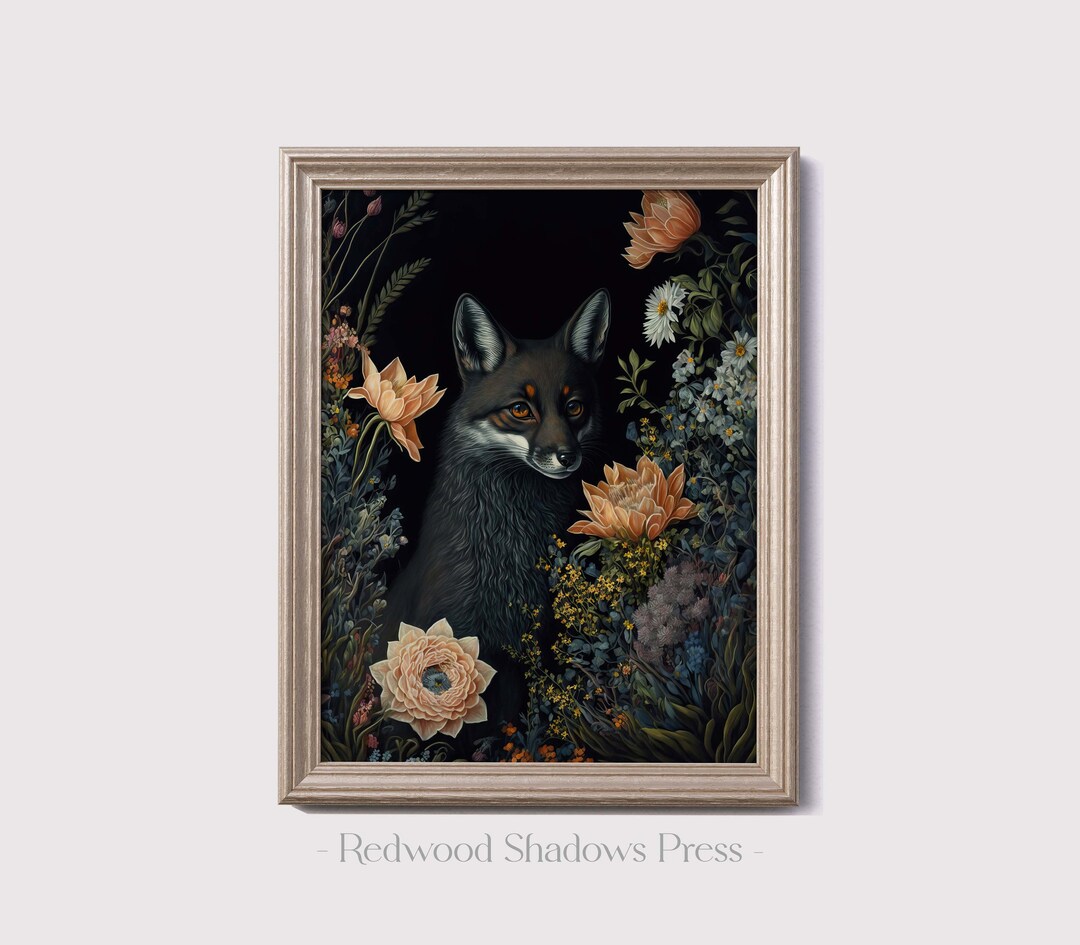 Printable Black Fox Art Print Witchy Home Decor Dark Floral Wall Art ...