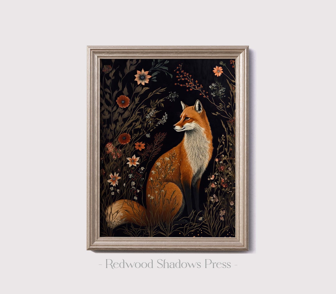 Printable Fox Art Print Witchy Home Decor Dark Botanical Wall Art Dark ...