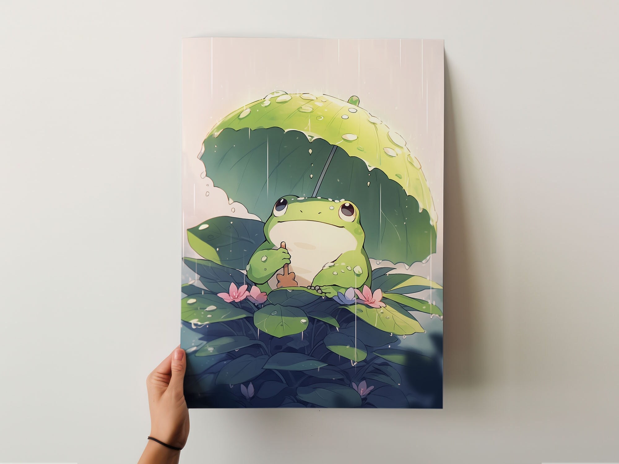 Matte Paper Poster, Anime Manga Frog Sheltering From the Rain Under a ...