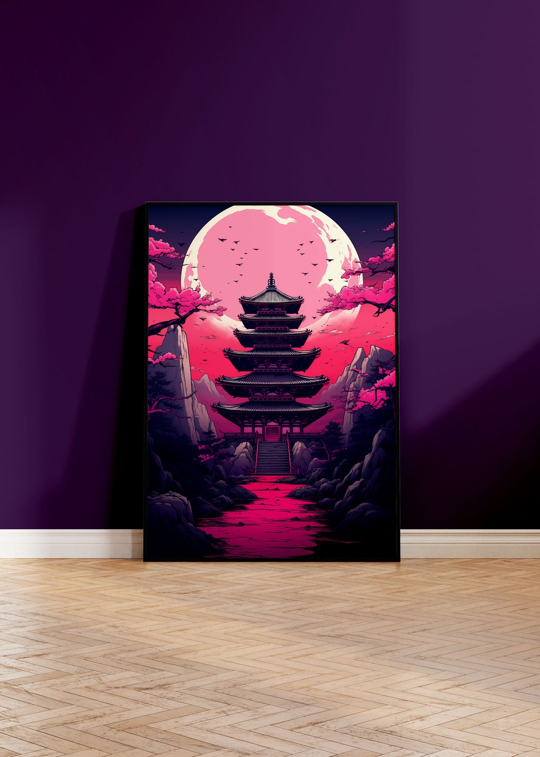 Japanese Temple Poster, Full Moon, Anime, Printed Poster Without Frame ...