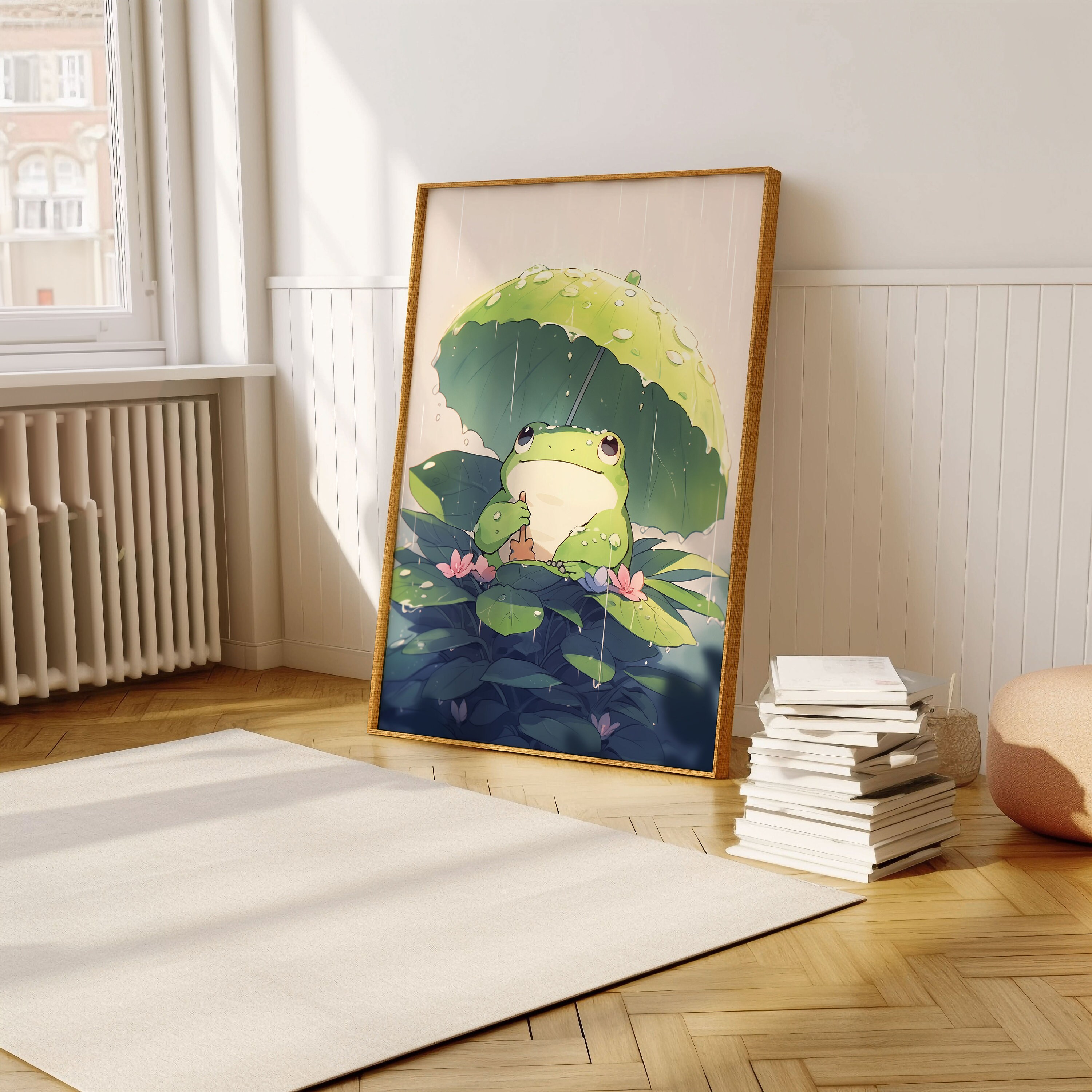 Matte Paper Poster, Anime Manga Frog Sheltering From the Rain Under a ...
