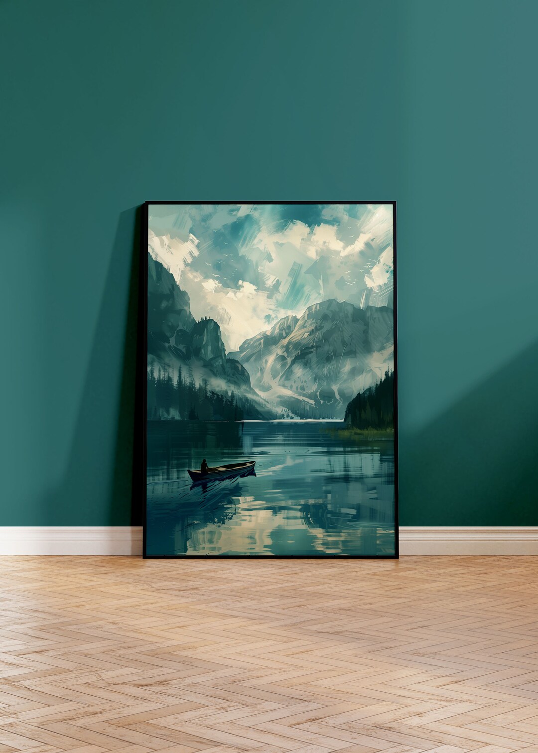 Boat Lake Art Print | Canoe Mountain Art | Mountain Landscape Art ...