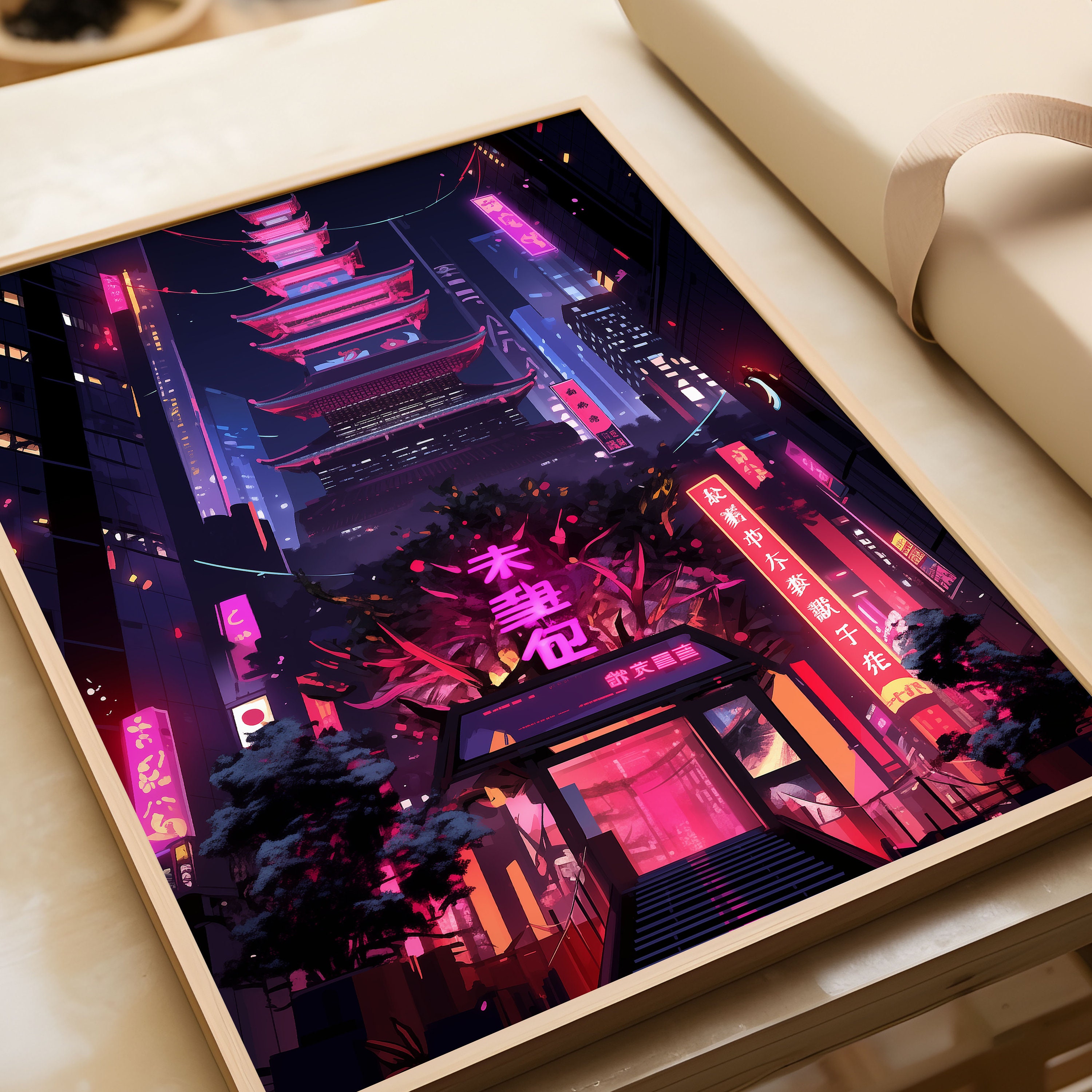 Cyberpunk Urban Temple Poster, Japan by Night Tower, Quality Poster ...