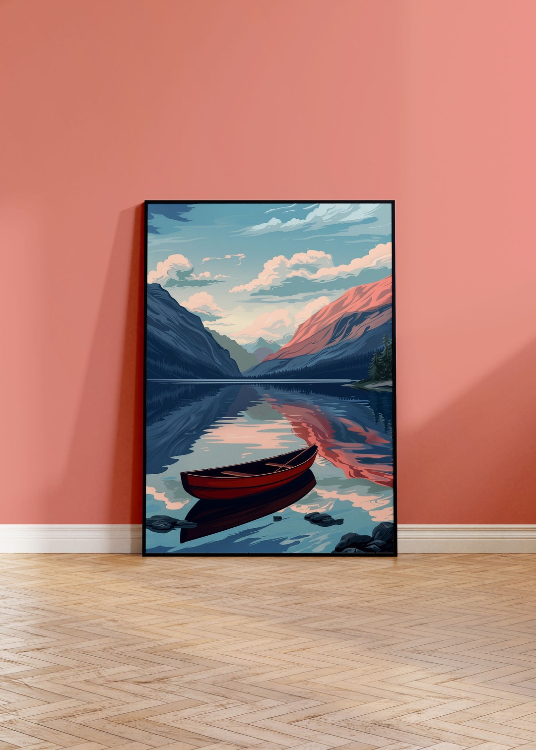 Canoe Mountain Art | Mountain Landscape Art Poster |boat Lake Art Print ...