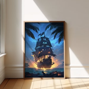 Printed Poster, Pirate Ship on Fire in the Ocean, Matte Paper - Etsy