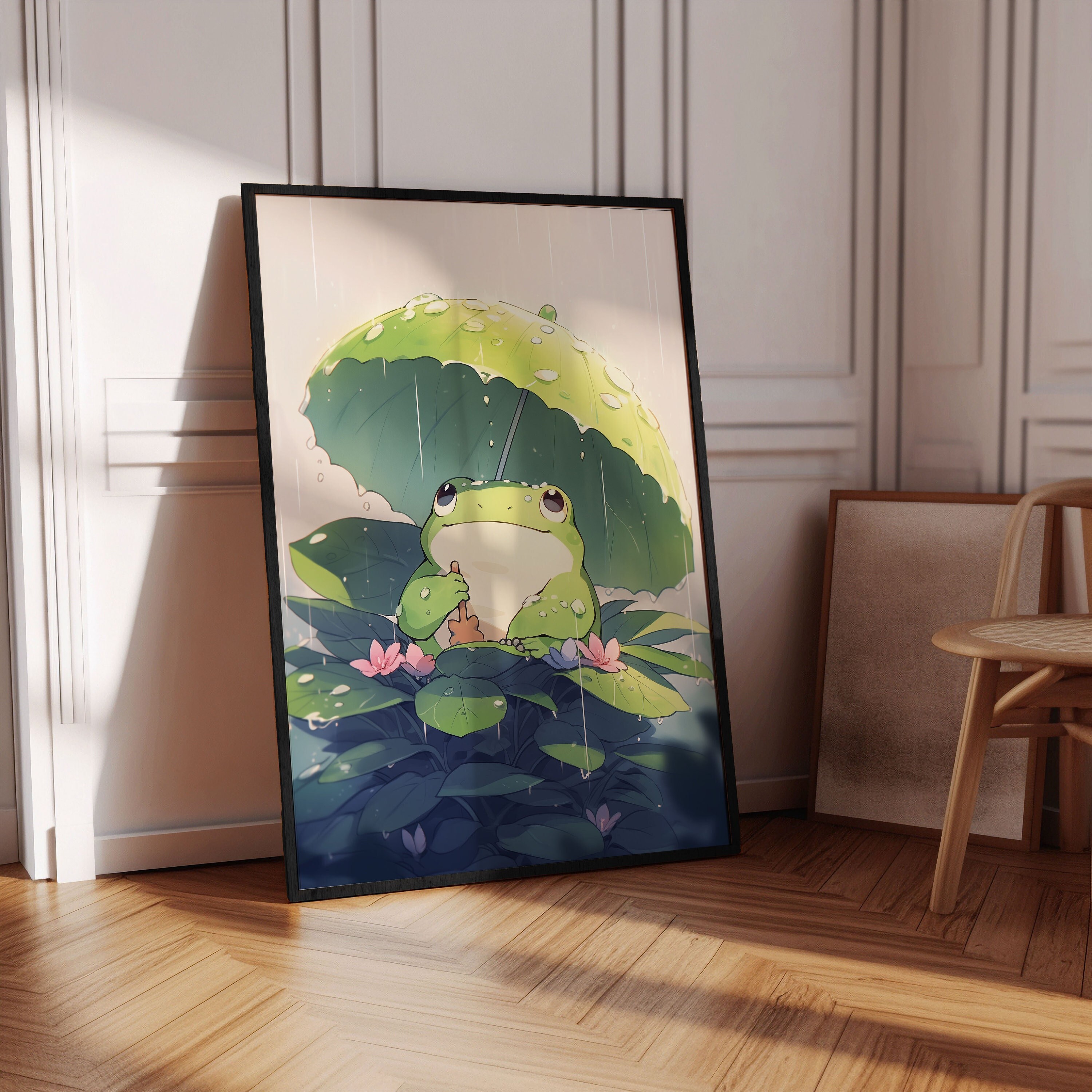 Matte Paper Poster, Anime Manga Frog Sheltering From the Rain Under a ...